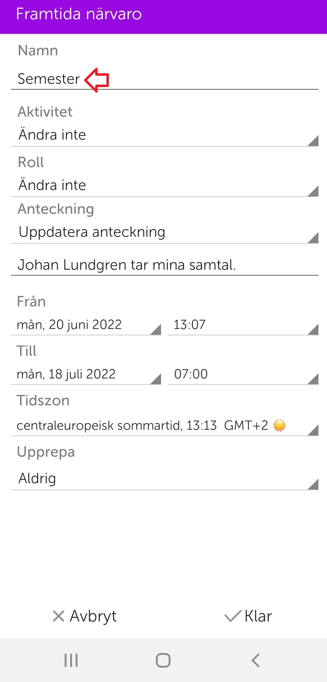 Ställa in semester i Telia Touchpoint Plus App