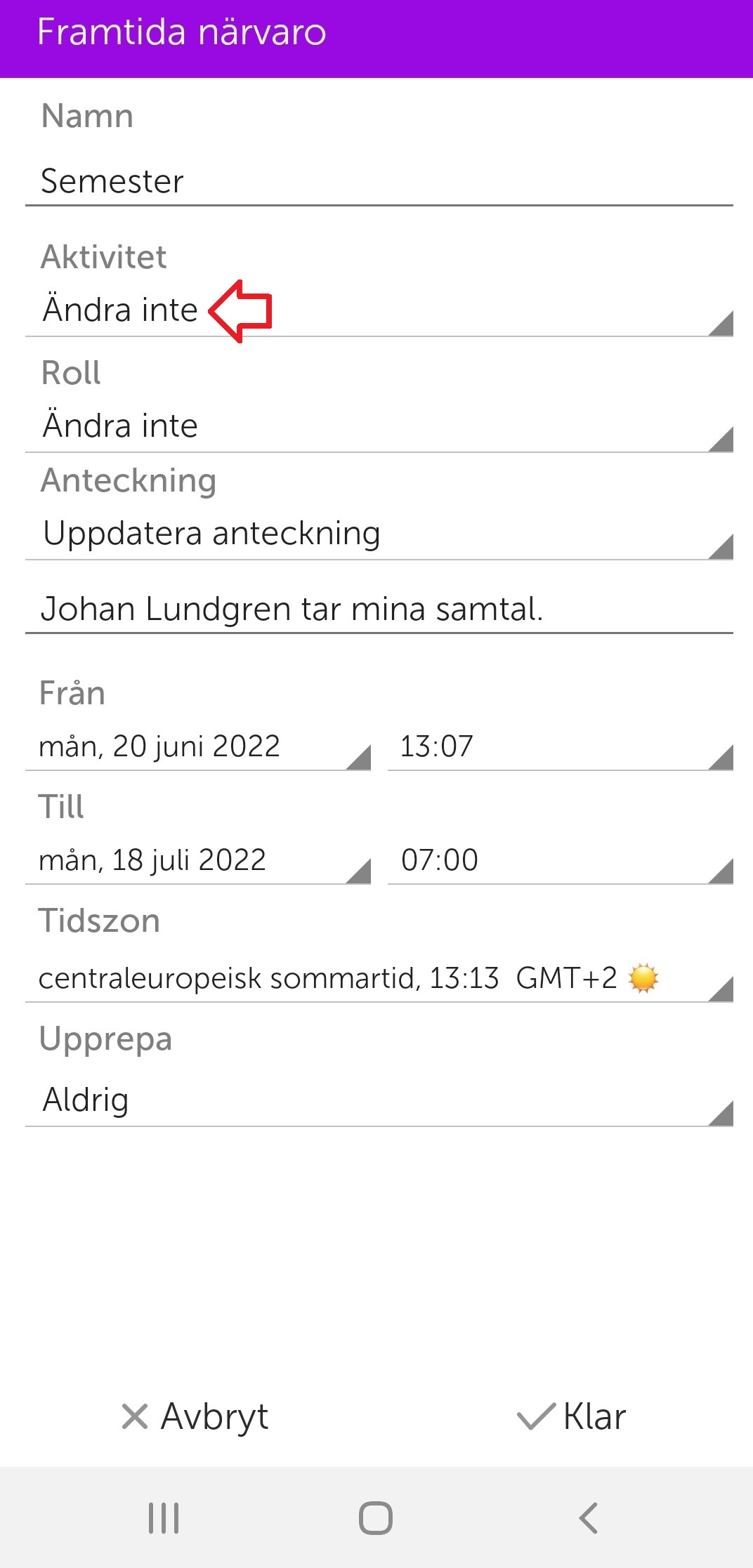 Ställa in semester i Telia Touchpoint Plus App